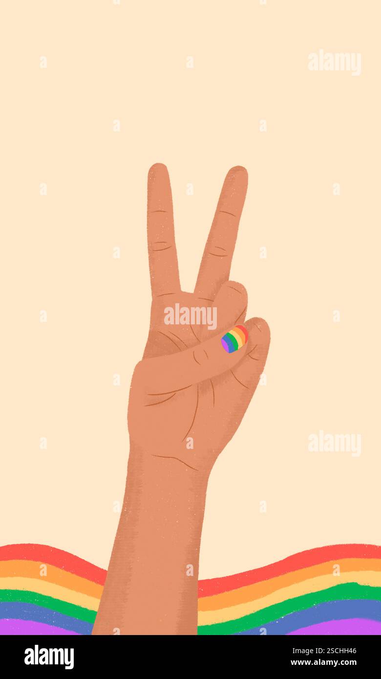 Illustration of a hand making a peace sign, featuring a rainbow painted ...