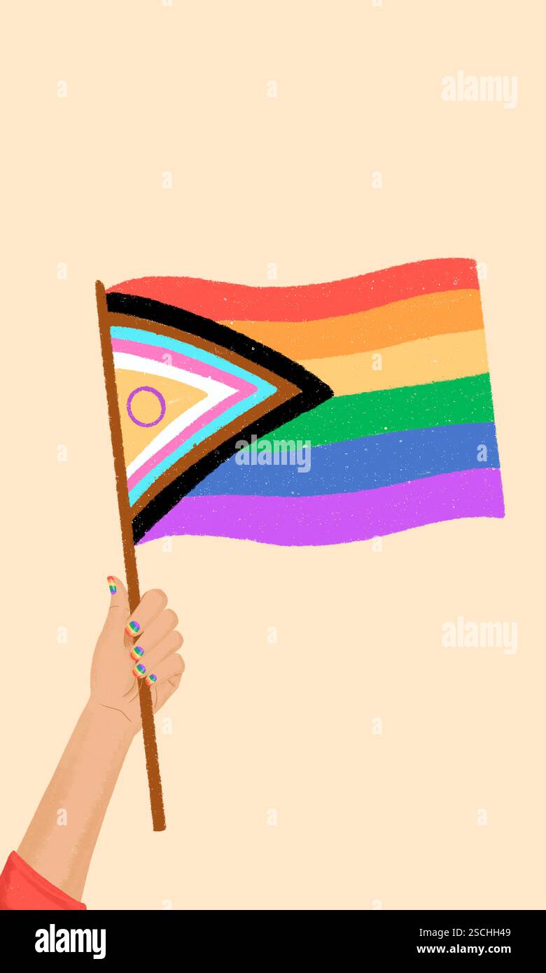 A vibrant Pride flag is held aloft by a hand with painted nails ...
