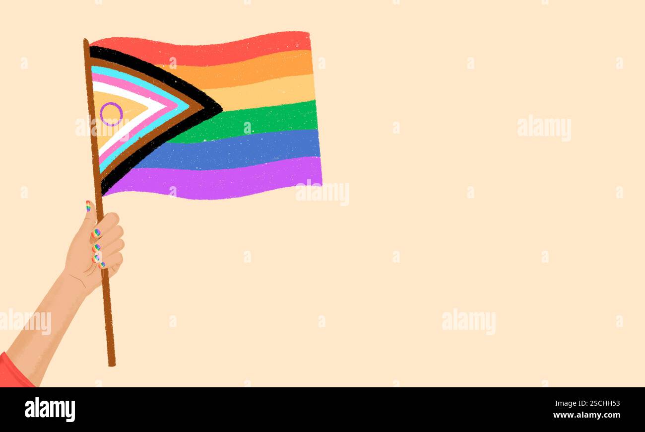 A hand with colorful nails holds an inclusive pride flag against a ...