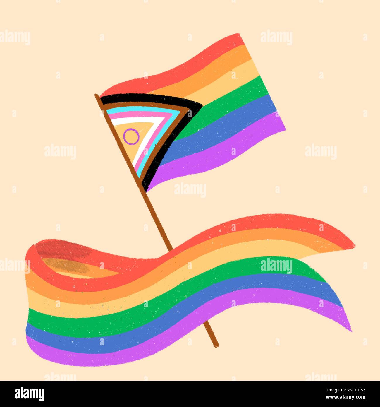A vibrant pride flag with a range of colors is depicted waving against ...