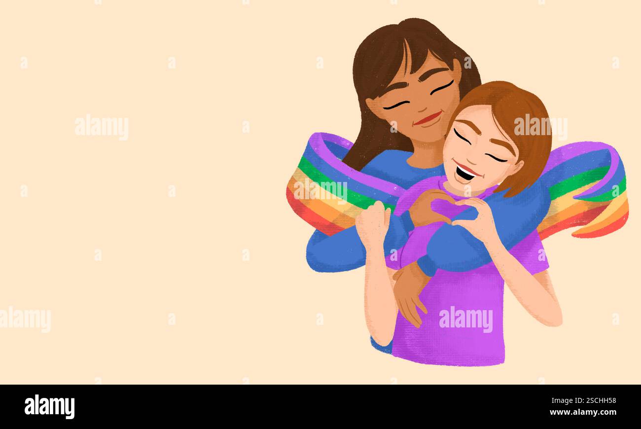 An illustration of two people hugging, wrapped in a rainbow scarf ...