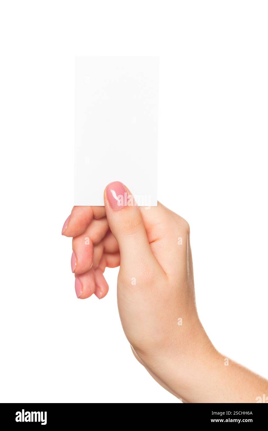 Hand holding a blank card in a neutral setting for creative word or ...