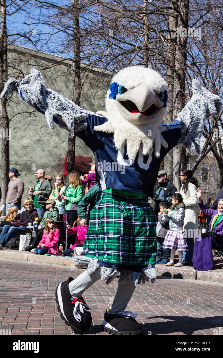 Mascot, St. Patrick's Day parade, entertaining crowd Stock Photo - Alamy
