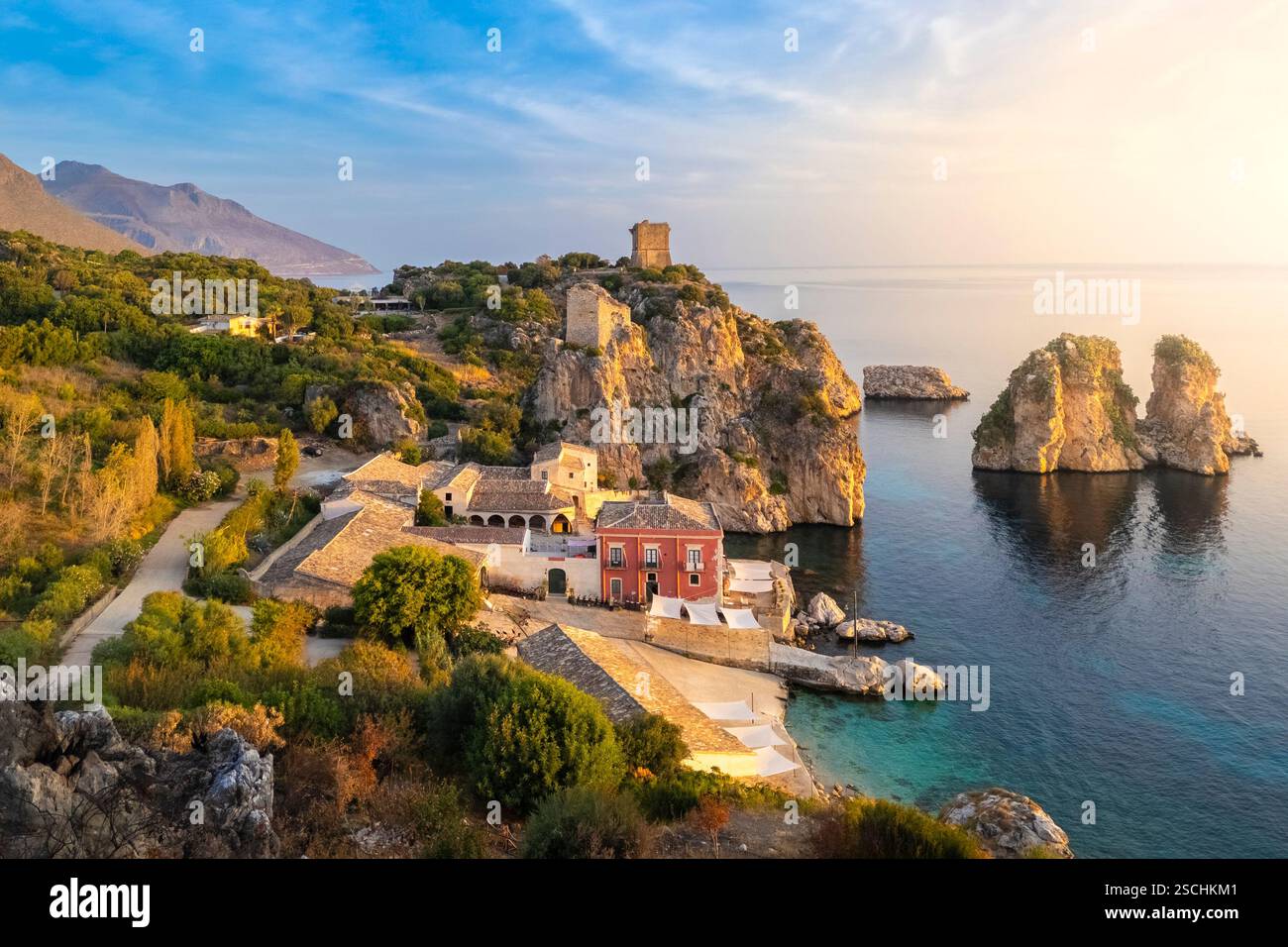 Aerial view of the famous old tonnara and stacks of Scopello ...