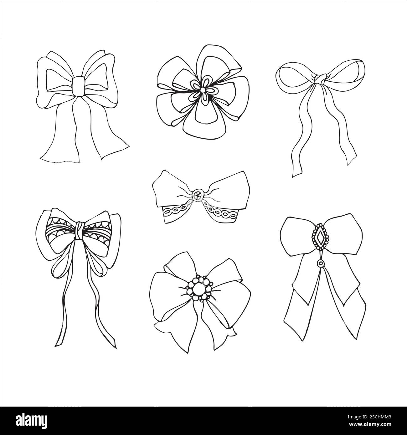 Vector outline set of various decorated bows, coquette style, doodle ...