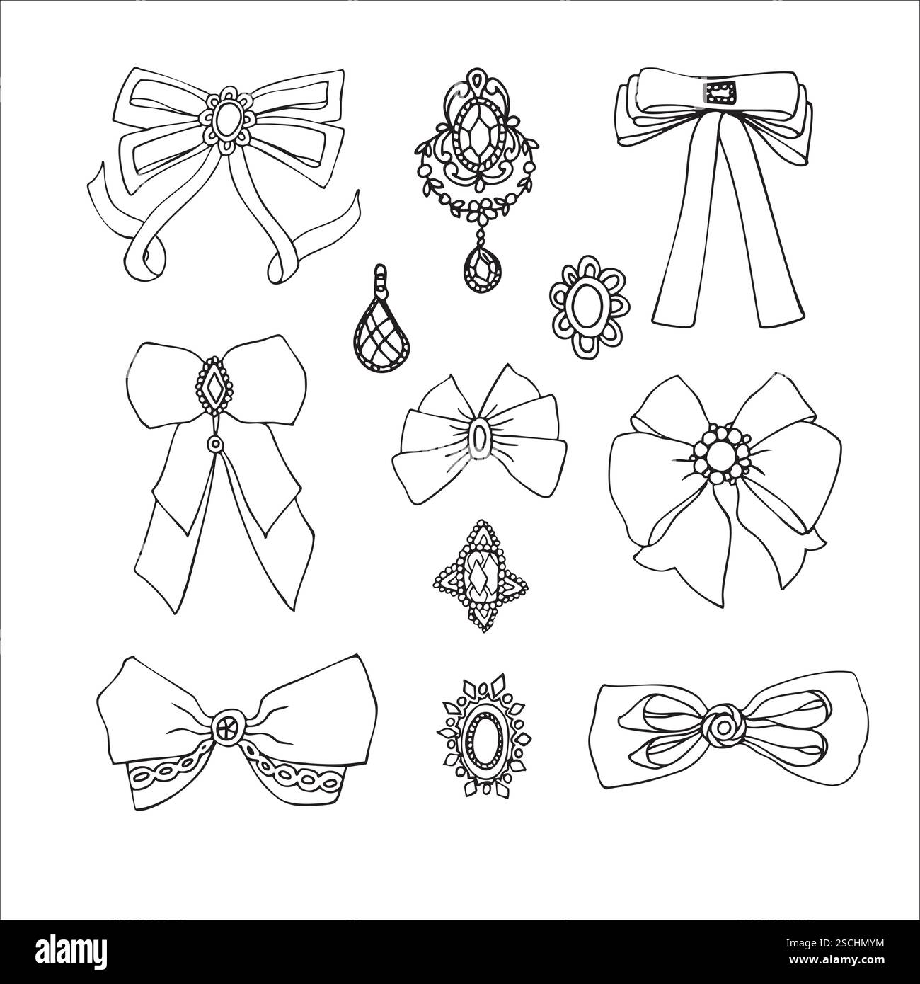 Vector outline set of bows and broches, hand drawn Stock Vector Image ...