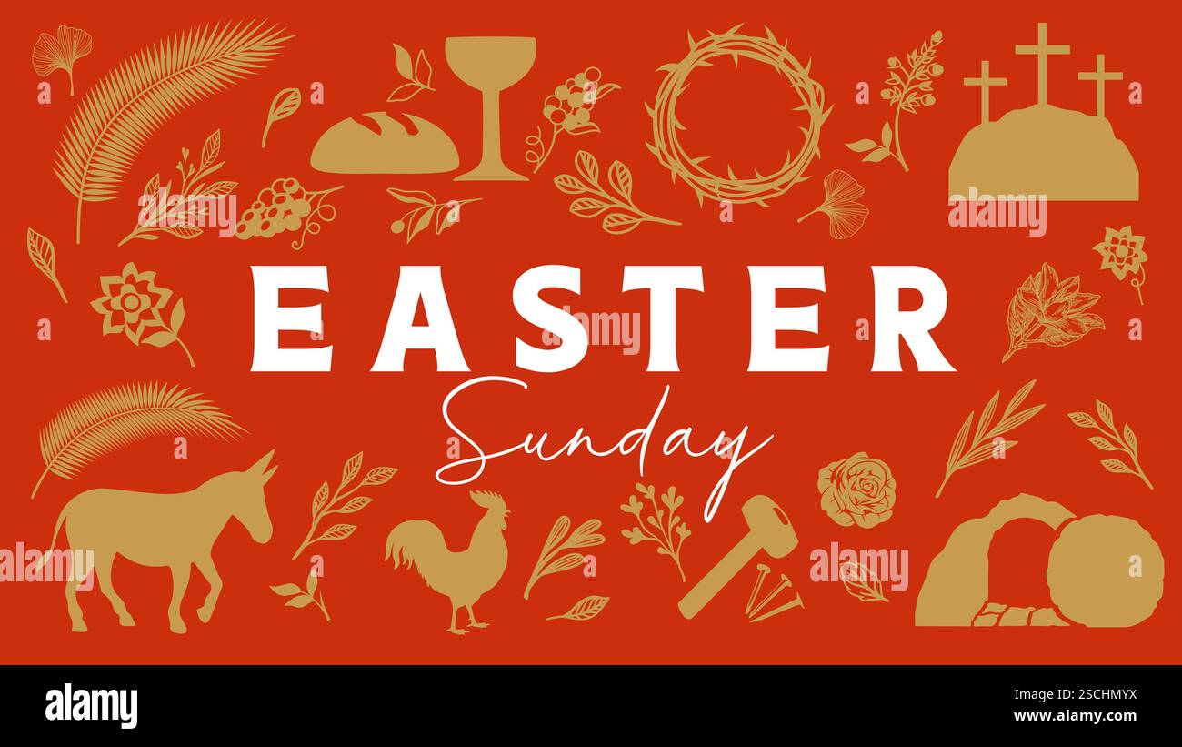 Easter Sunday, creative concept with golden pattern of Holy Week symbols. Good Friday invitation ...