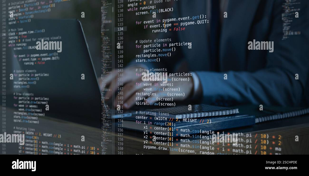 Close-up of hands working on laptop with floating virtual interface. Fictional programming ...