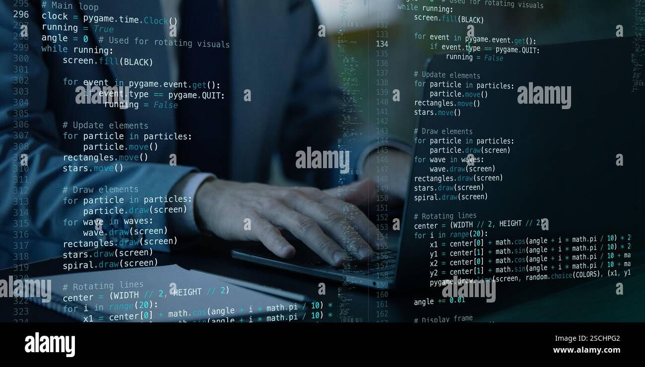 Programmer typing on laptop with transparent virtual screen displaying fictional programming ...