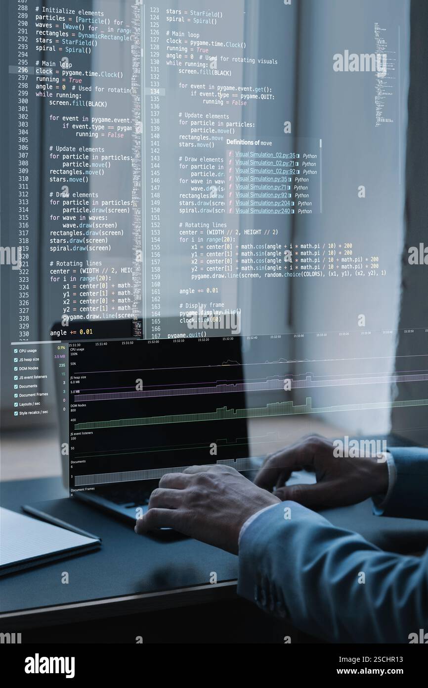 High-tech digital workspace with fictional programming elements, artificial intelligence scripts ...