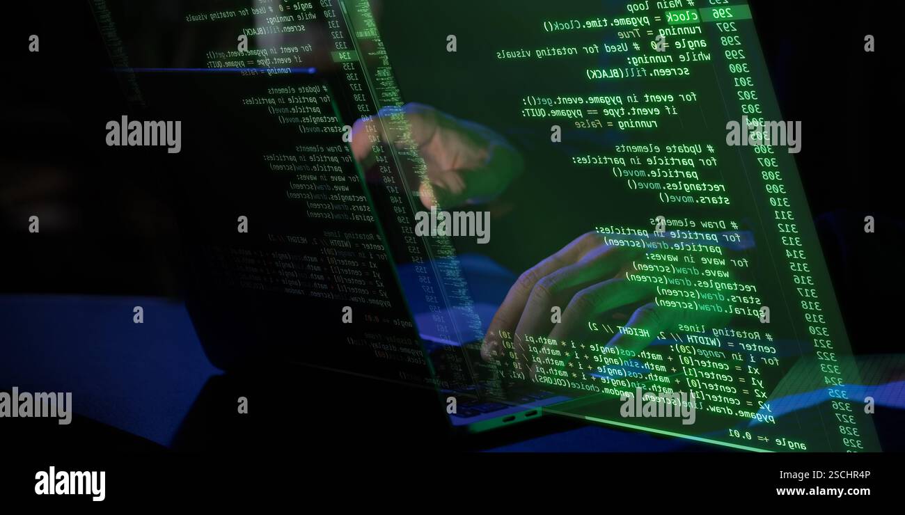 Dark setting with glowing green holographic screen displaying fictional coding interface. Hands ...