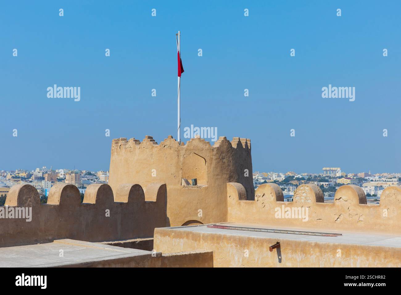 A round tower of the 18th-century Riffa Fort in Riffa, Bahrain Stock ...