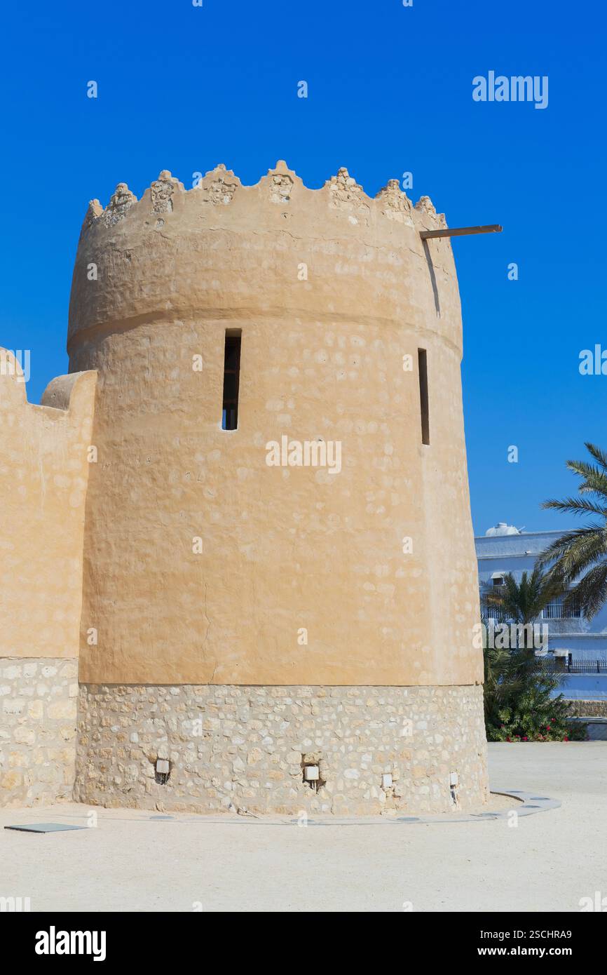 A round tower of the 18th-century Riffa Fort in Riffa, Bahrain Stock ...