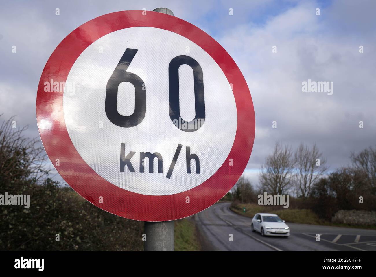 A 60 km/h road sign in North County Dublin. Speed limits on rural roads will decrease from ...
