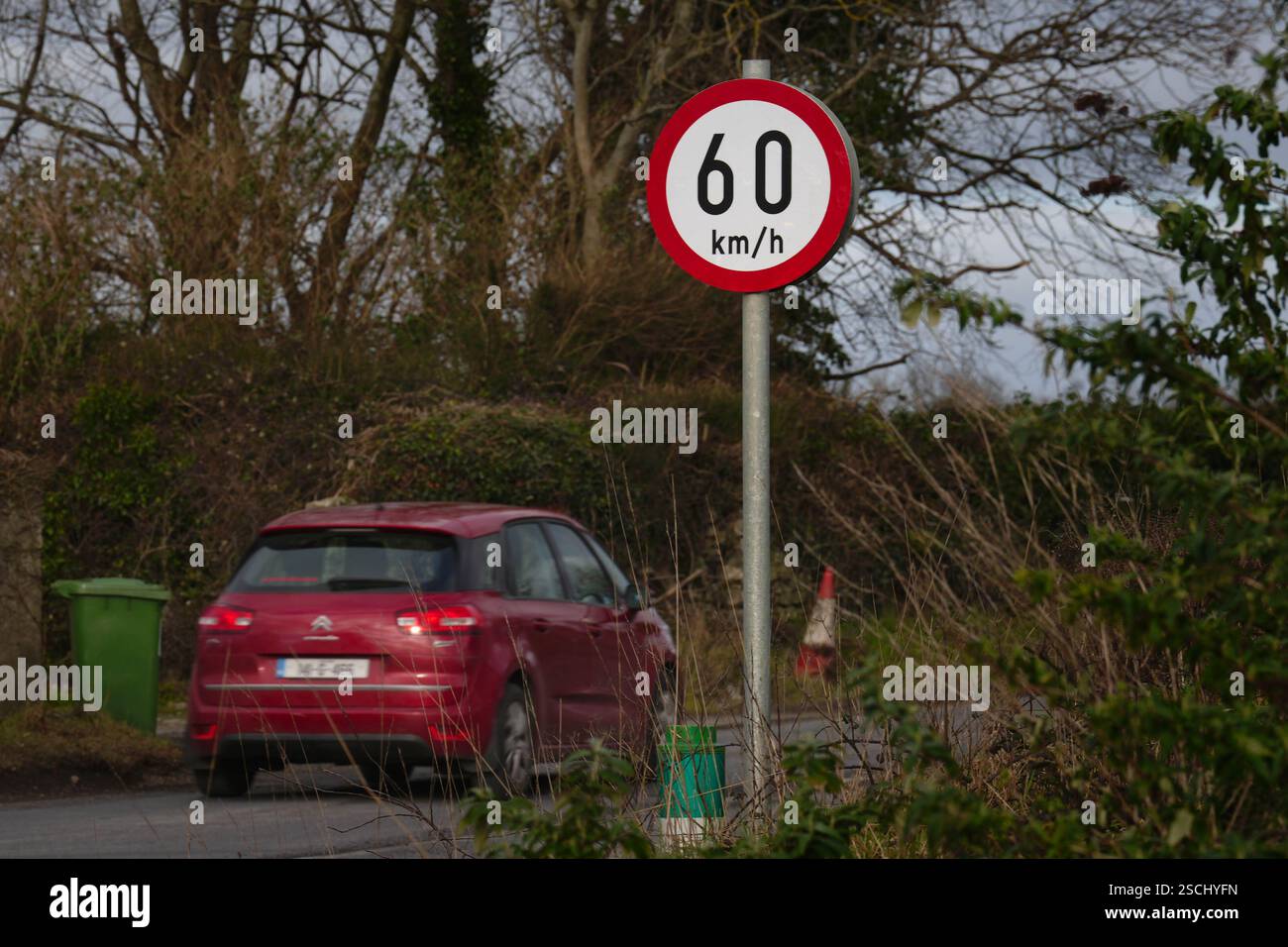 A 60 km/h road sign in North County Dublin. Speed limits on rural roads will decrease from ...