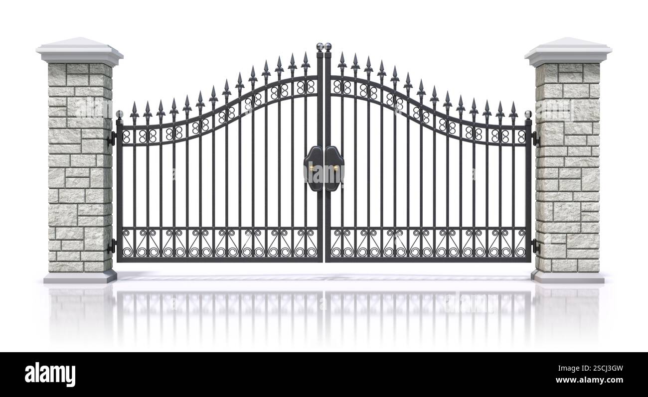 Iron gate on white reflective background - 3D illustration Stock Photo ...