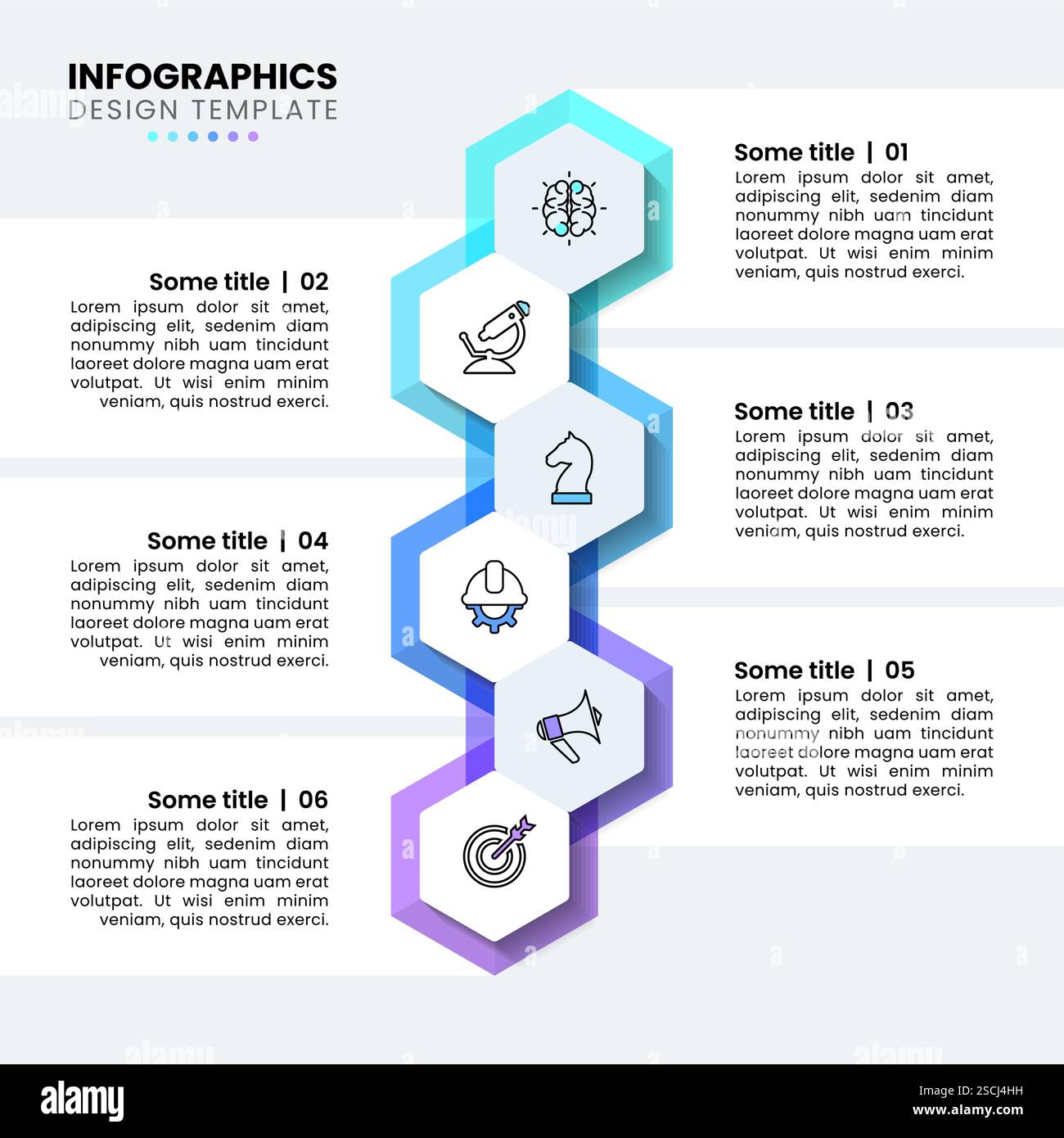 Infographic template with icons and 6 options or steps. Vertical line ...