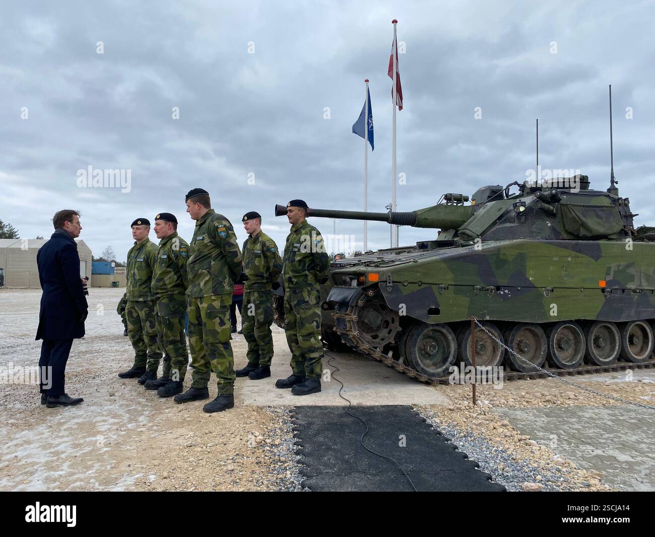 07 February 2025, Latvia, Adazi: Swedish Prime Minister Ulf Kristersson ...