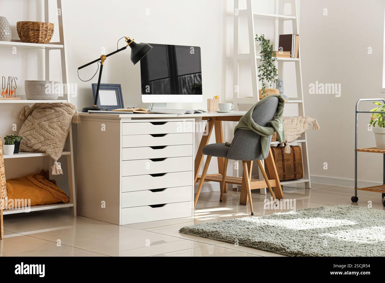 Interior of light office with workplace, computer and shelving units ...