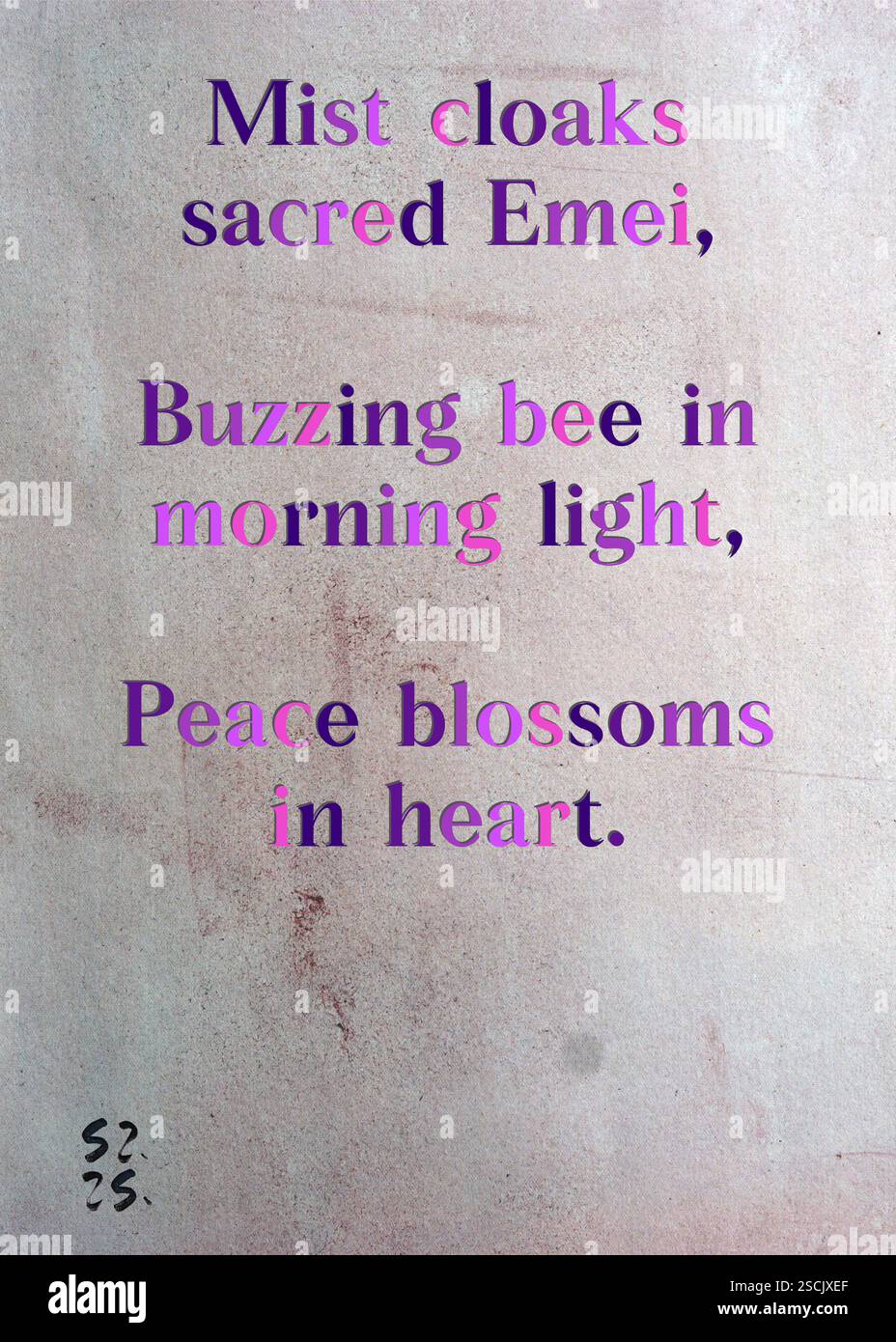 Mist cloaks sacred Emei, Buzzing bee in morning light, Peace blossoms ...