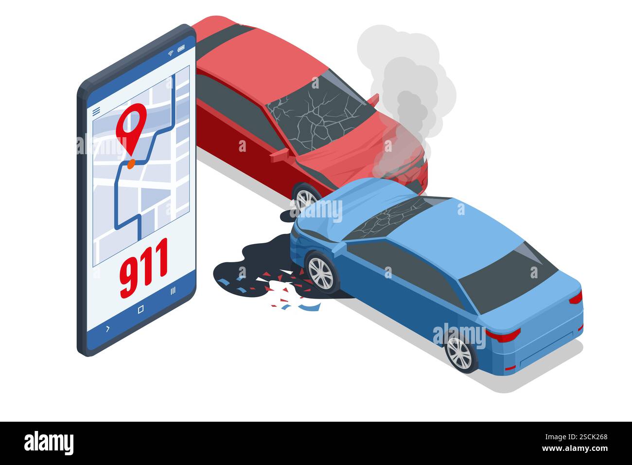 Car crash. Isometric vector illustration of a car accident with two ...
