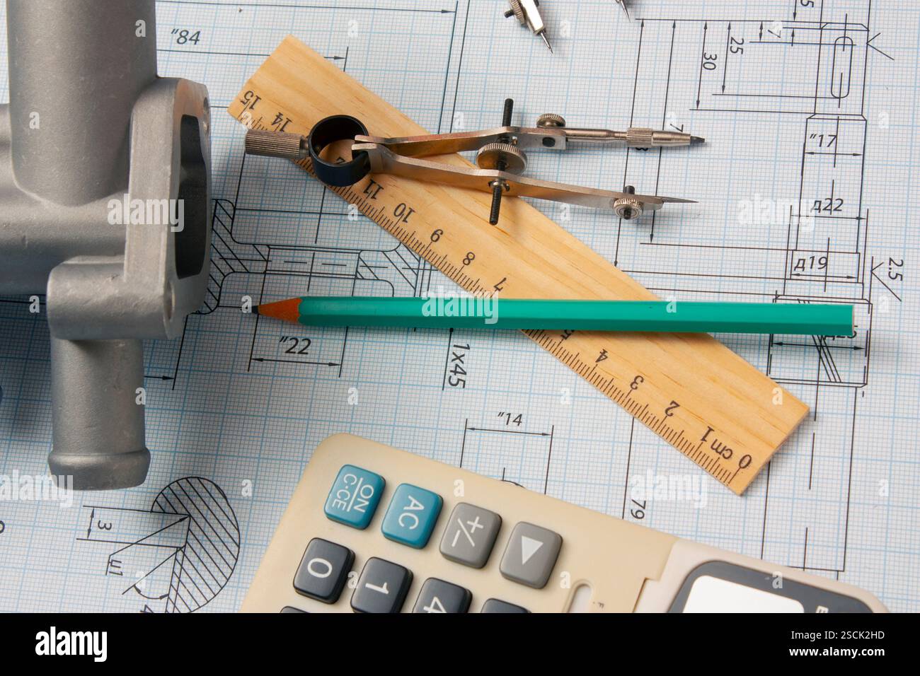 drawings of mechanisms with parts and tools Stock Photo - Alamy