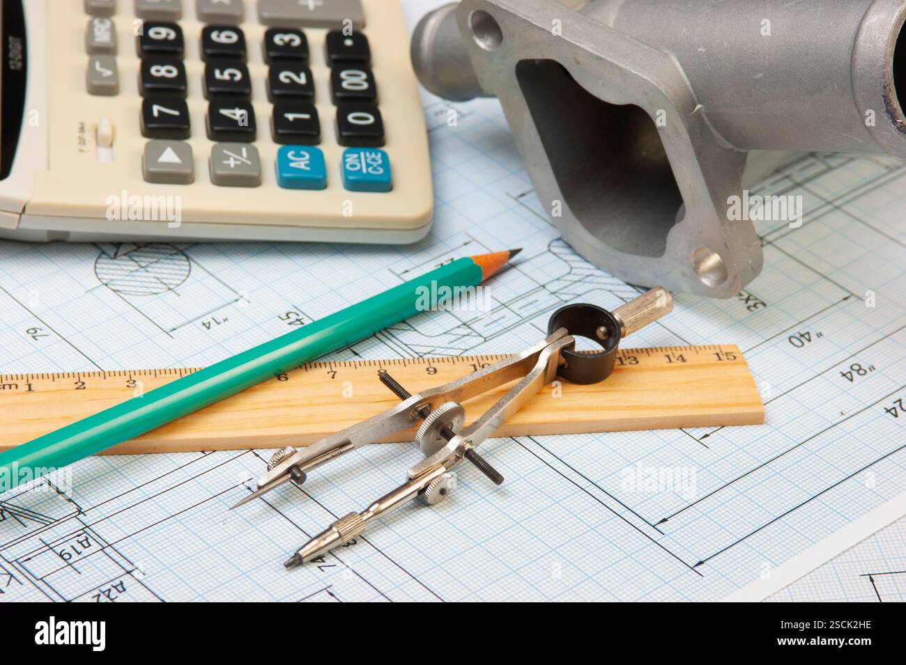 drawings of mechanisms with parts and tools Stock Photo - Alamy