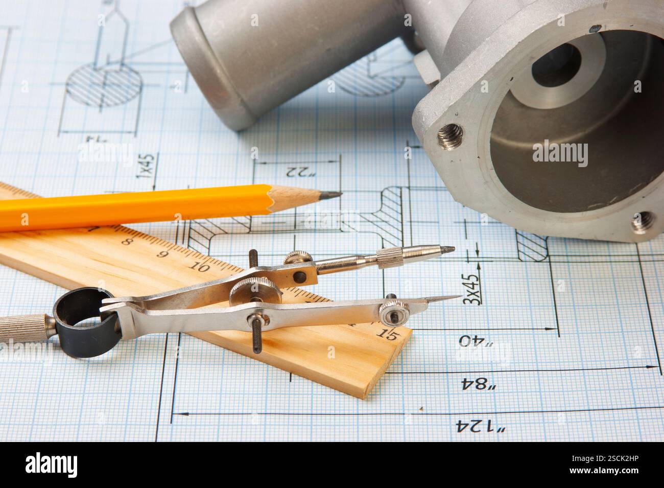 drawings of mechanisms with parts and tools Stock Photo - Alamy