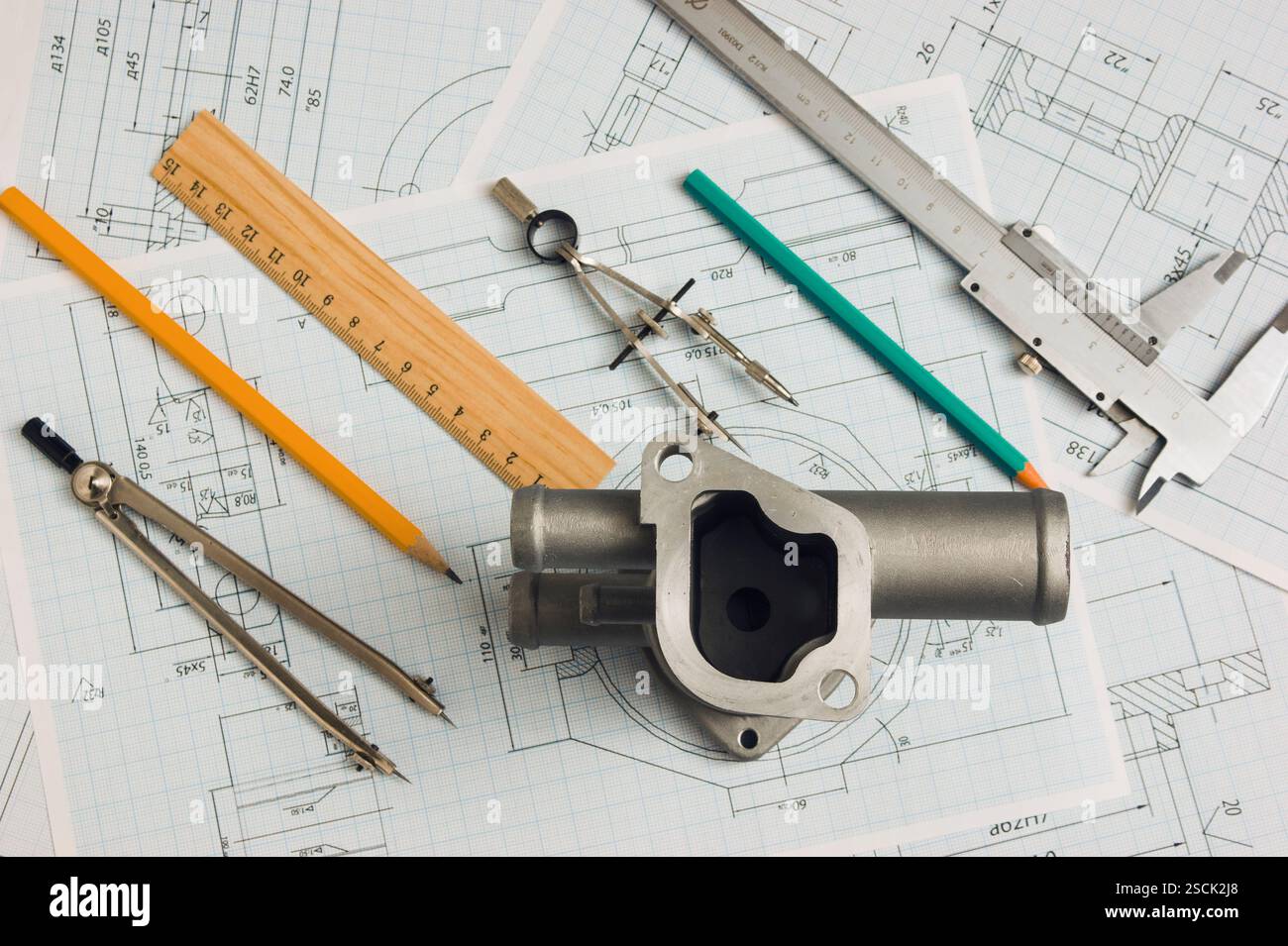 drawings of mechanisms with parts and tools Stock Photo - Alamy