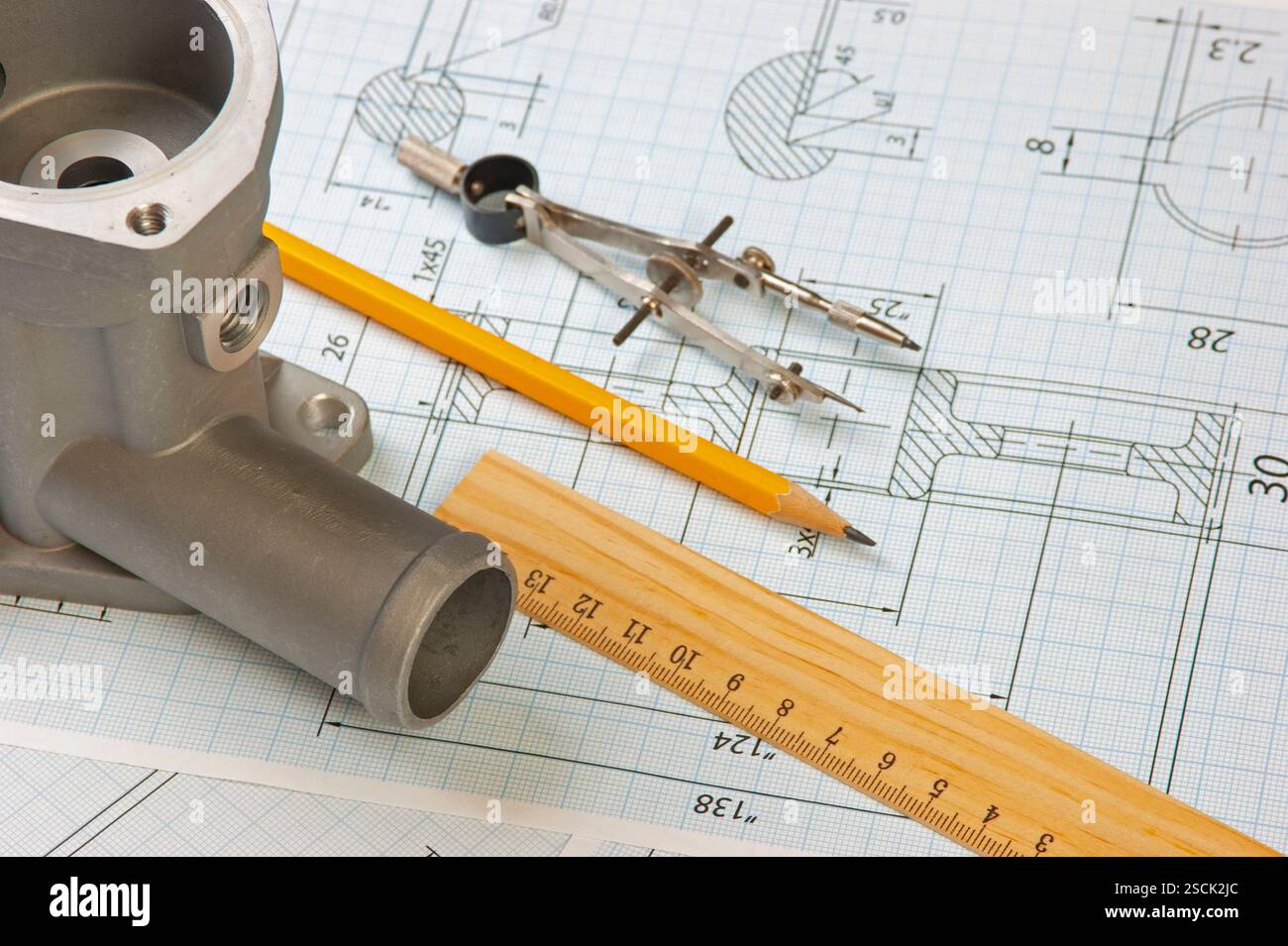 drawings of mechanisms with parts and tools Stock Photo - Alamy