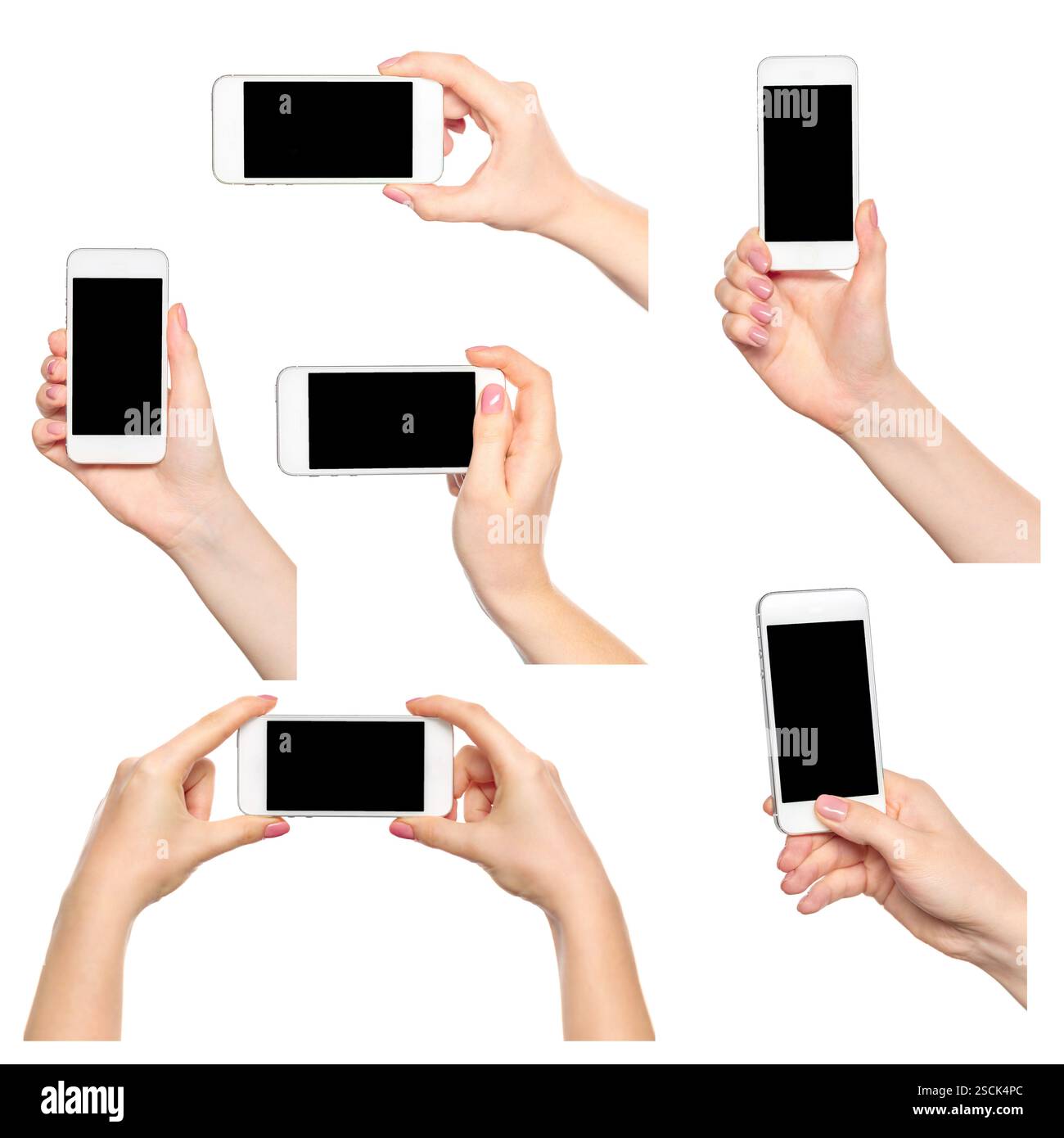 Different hand positions holding smartphones against a white background ...