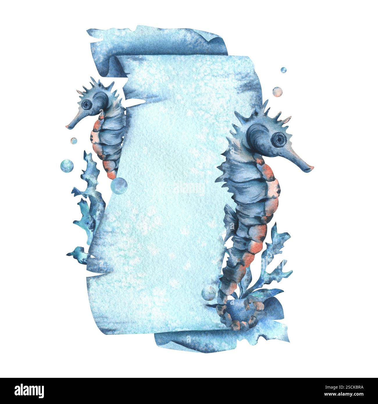 Paper banner scroll, in marine theme with underwater animals, seahorses ...