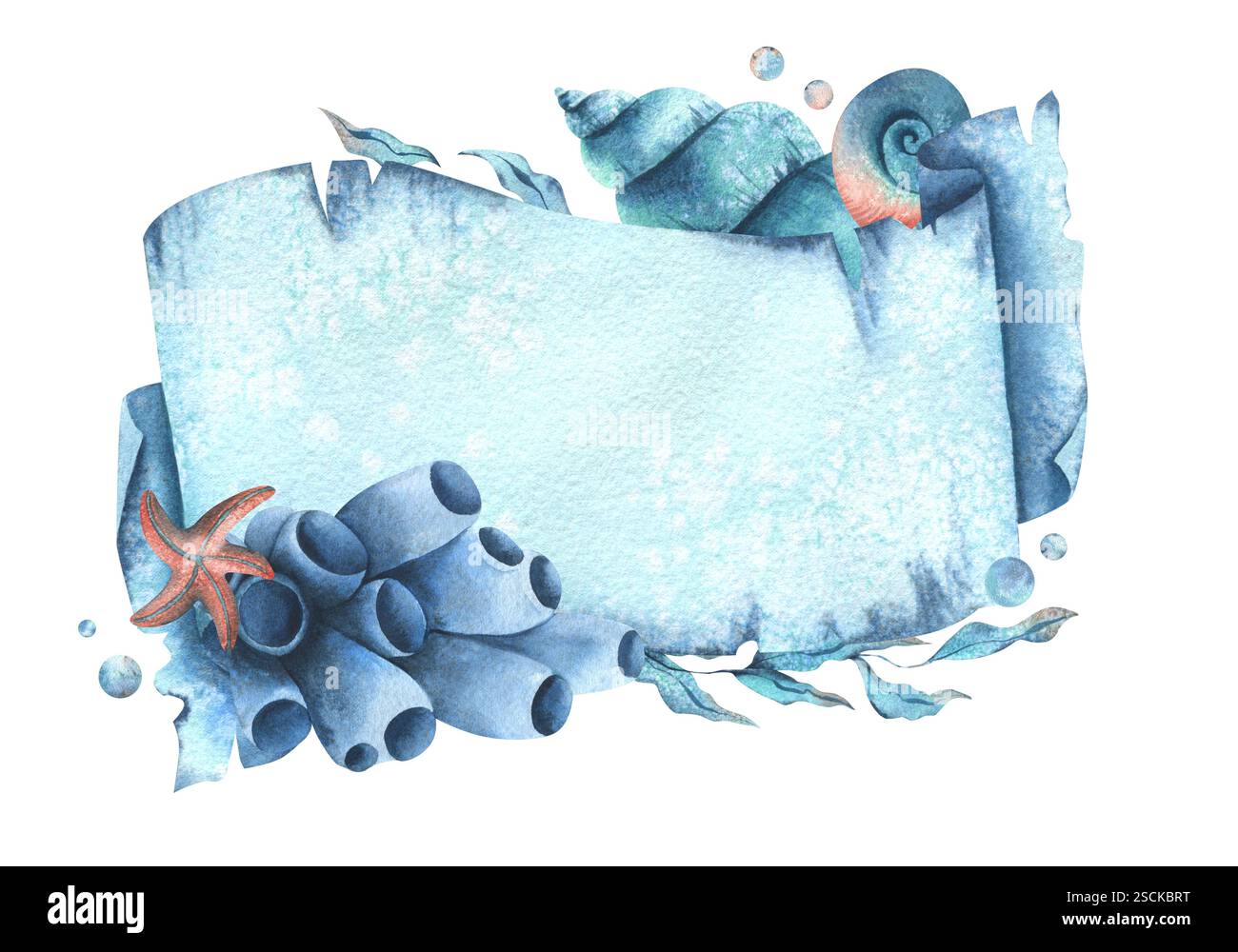 Paper banner scroll, in marine theme with underwater animals, shells ...