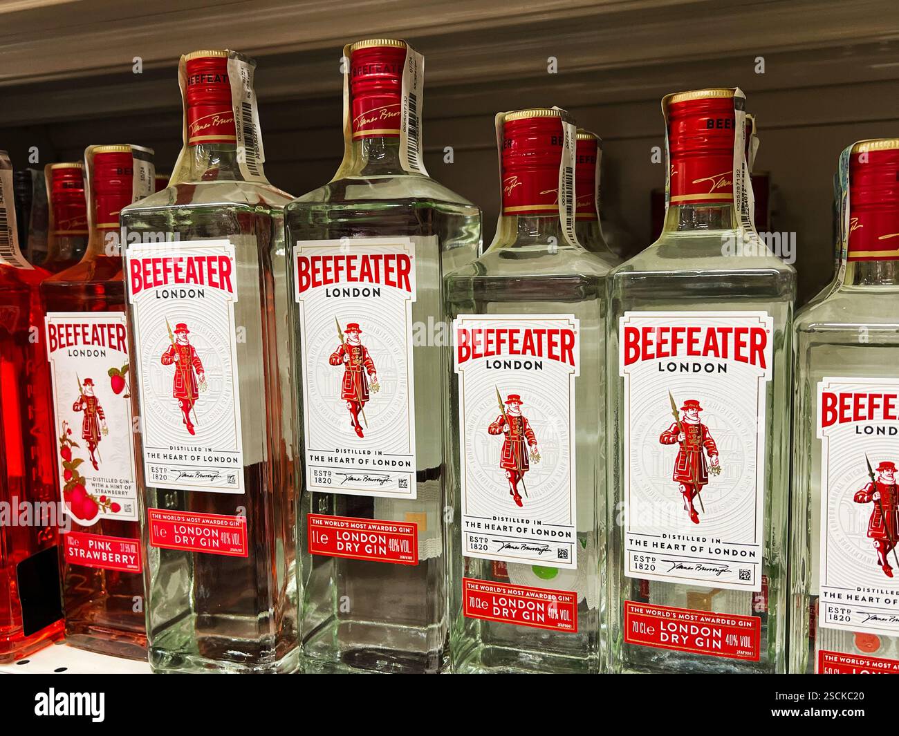Kyiv, Ukraine - February 04, 2025: Close-up display of Beefeater gin ...