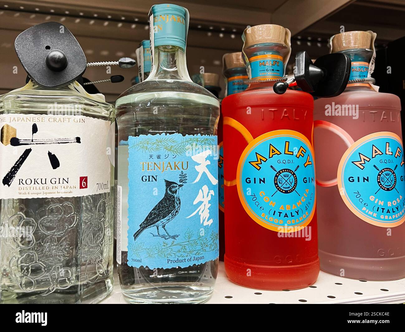 Kyiv, Ukraine - February 04, 2025: Bottles of various gin brands ...