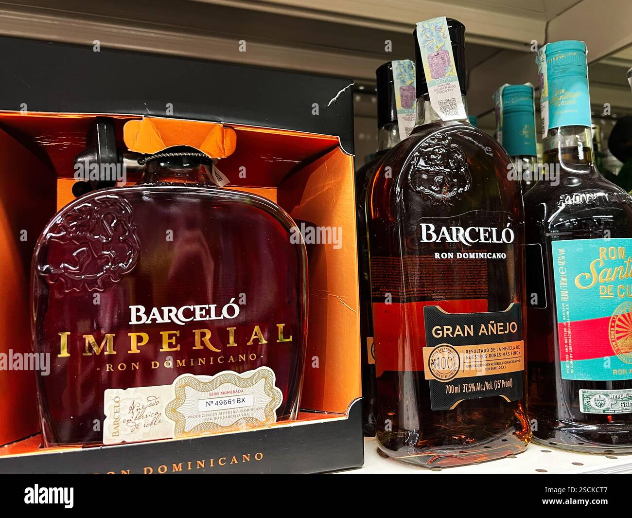 Kyiv, Ukraine - February 04, 2025: Bottles of Dominican rum showcased ...