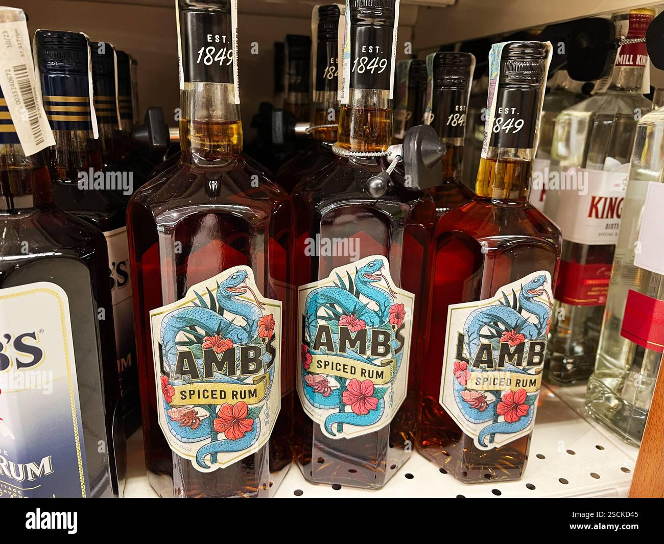 Kyiv, Ukraine - February 04, 2025: Various bottles of Lamb's spiced rum ...