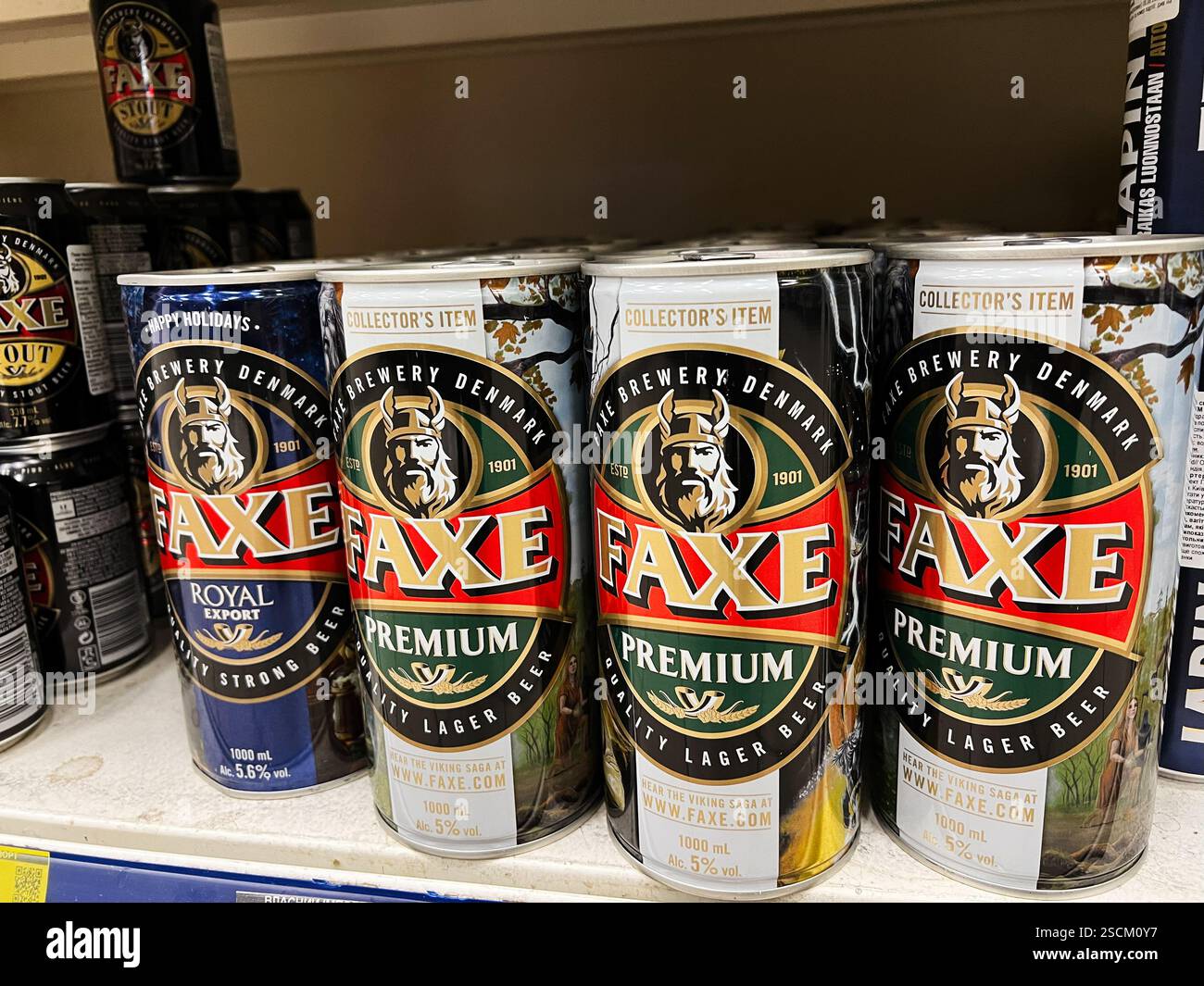 Kyiv, Ukraine - February 04, 2025: Various Faxe beer cans showcasing ...