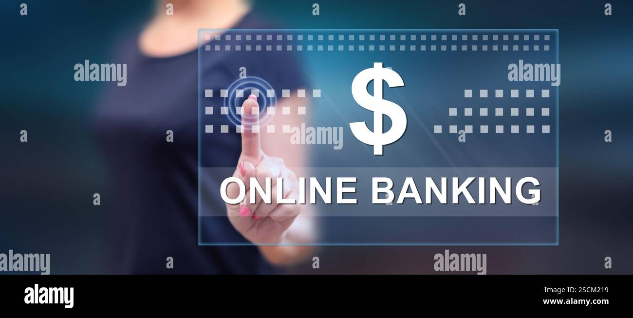 Woman touching an online banking concept on a touch screen with her ...