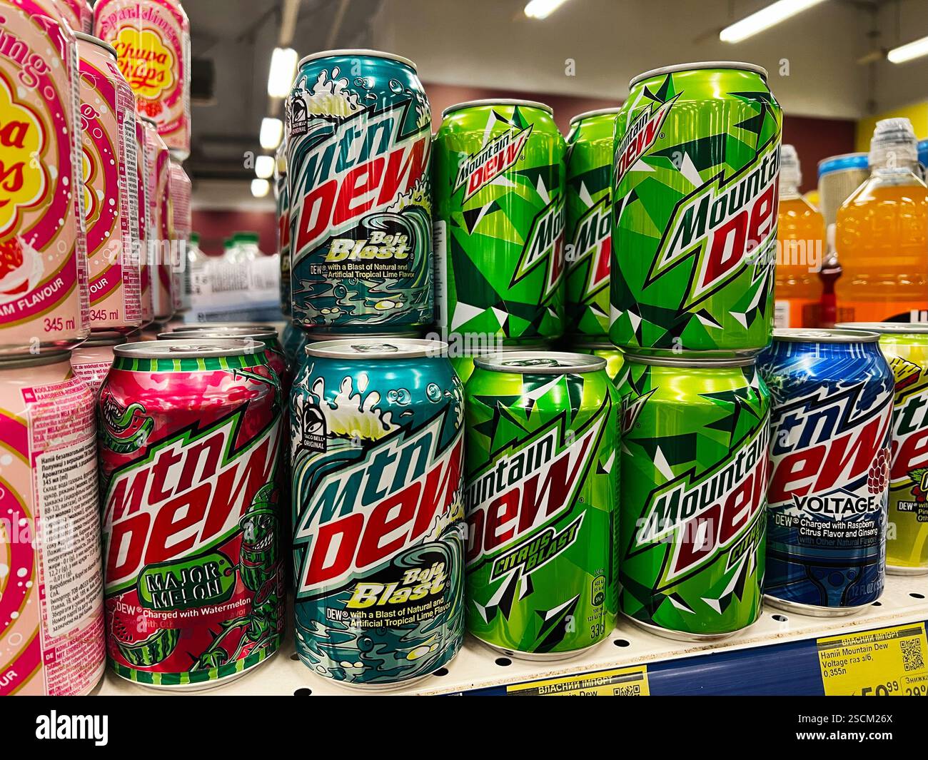 Kyiv, Ukraine - February 04, 2025: Colorful selection of Mountain Dew ...