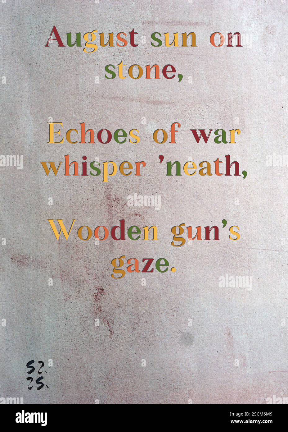 August sun on stone, Echoes of war whisper 'neath, Wooden gun's gaze ...