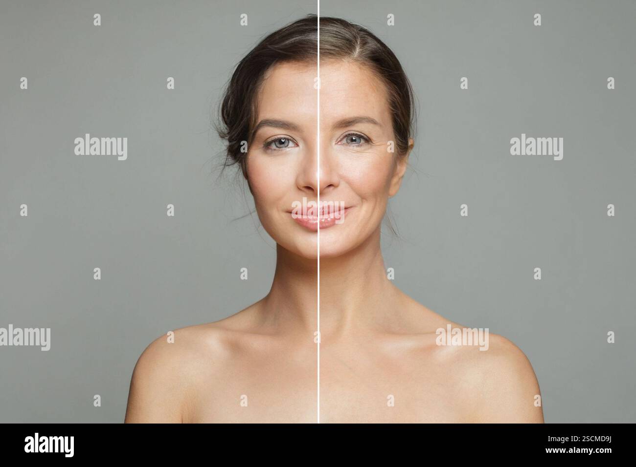 Elegant young model woman and mature woman. Two female faces collage ...