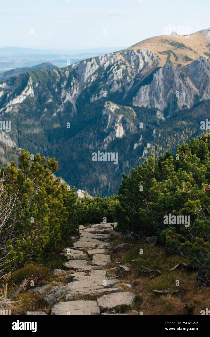 A scenic mountain hiking trail winding through rugged terrain Stock ...