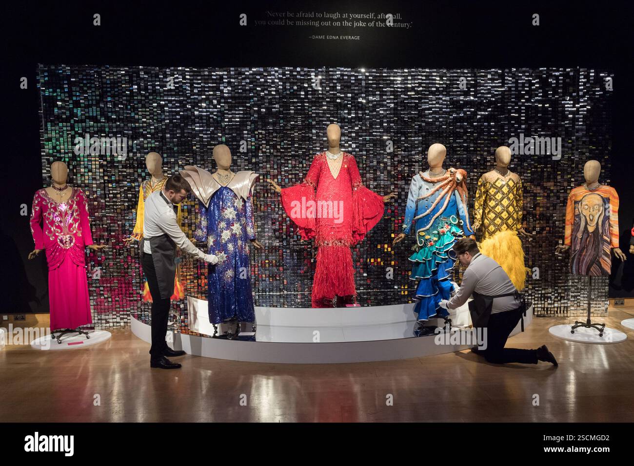 London, UK. 7th February, 2025. Art handlers pose with the extravagant ...
