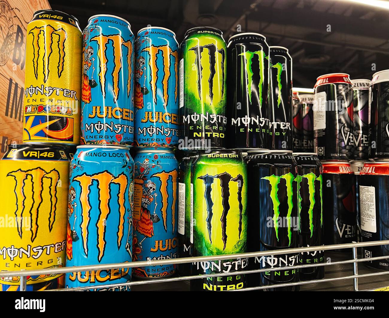 Kyiv, Ukraine - February 04, 2025: Colorful selection of Monster energy ...