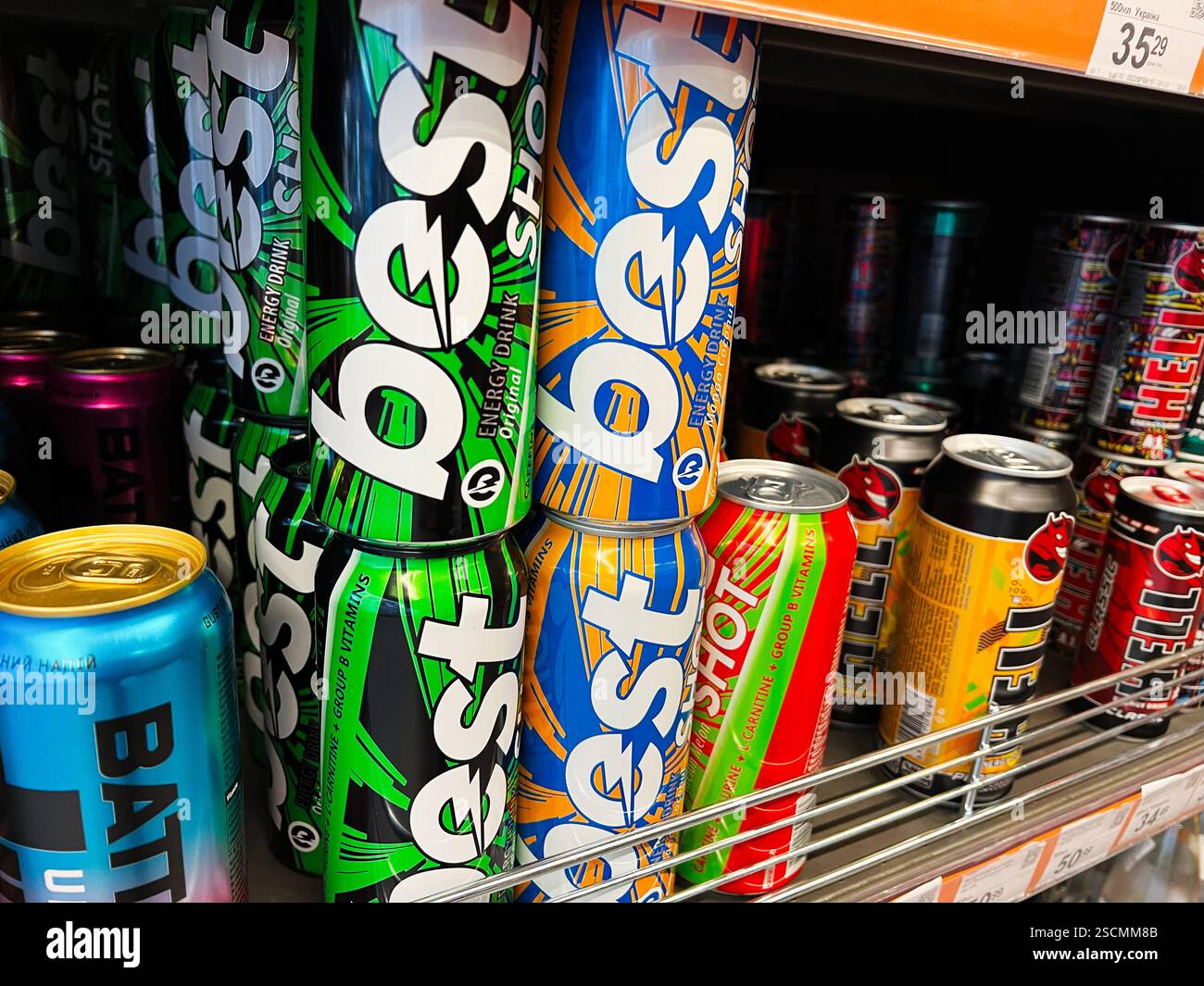 Kyiv, Ukraine - February 04, 2025: Various Best Shot energy drink cans ...