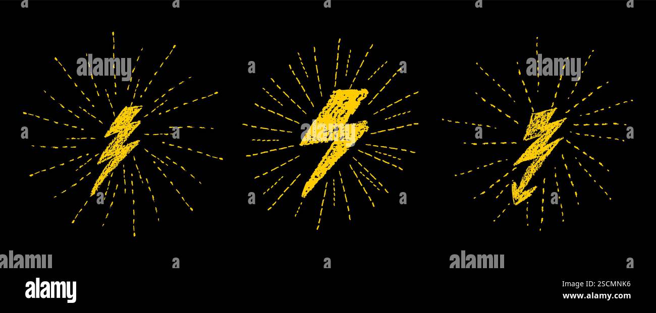Set of lightning wax pen drawing silhouette. Collection of thunder or ...