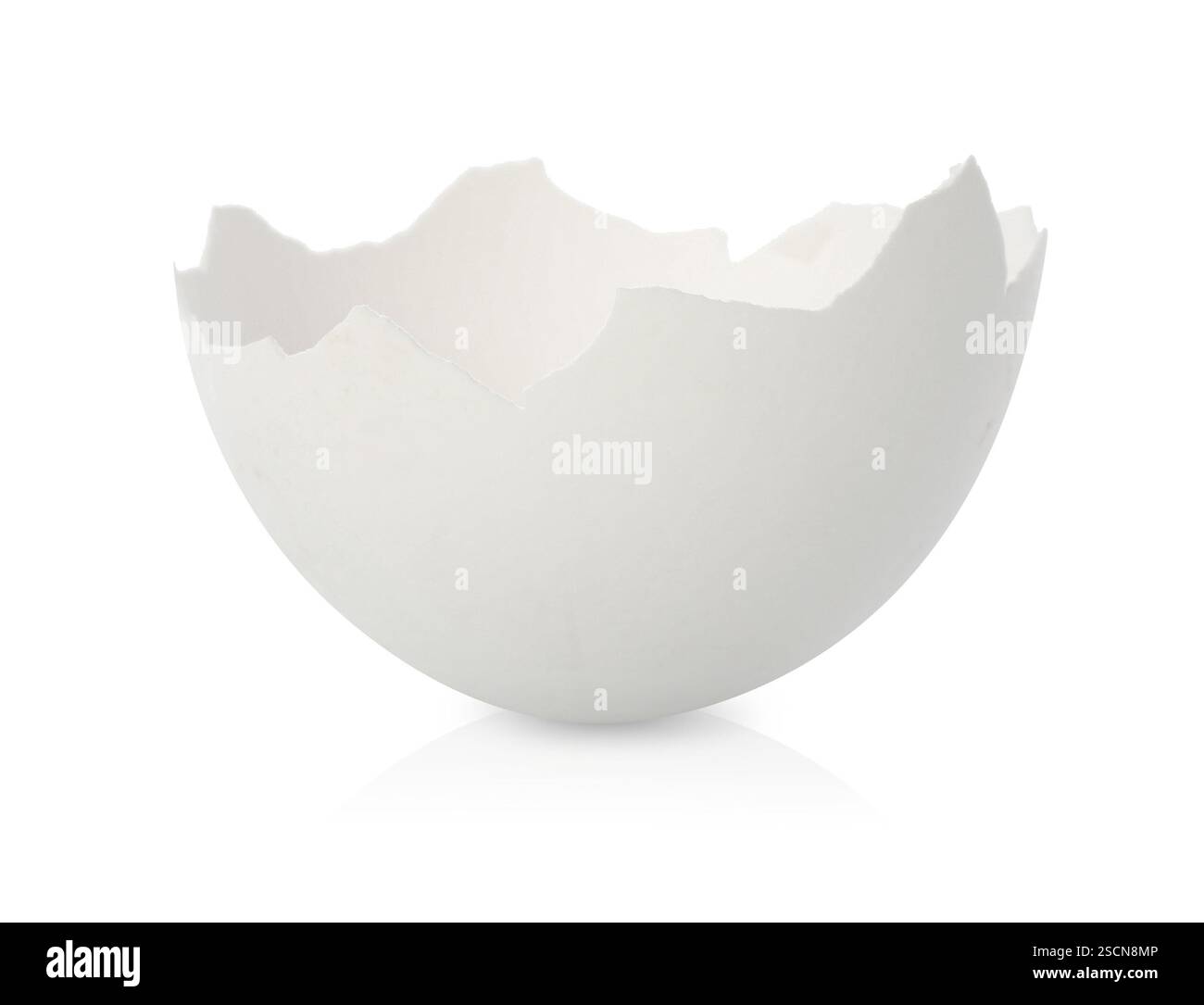 One piece of broken eggshell on mirror surface against white background ...