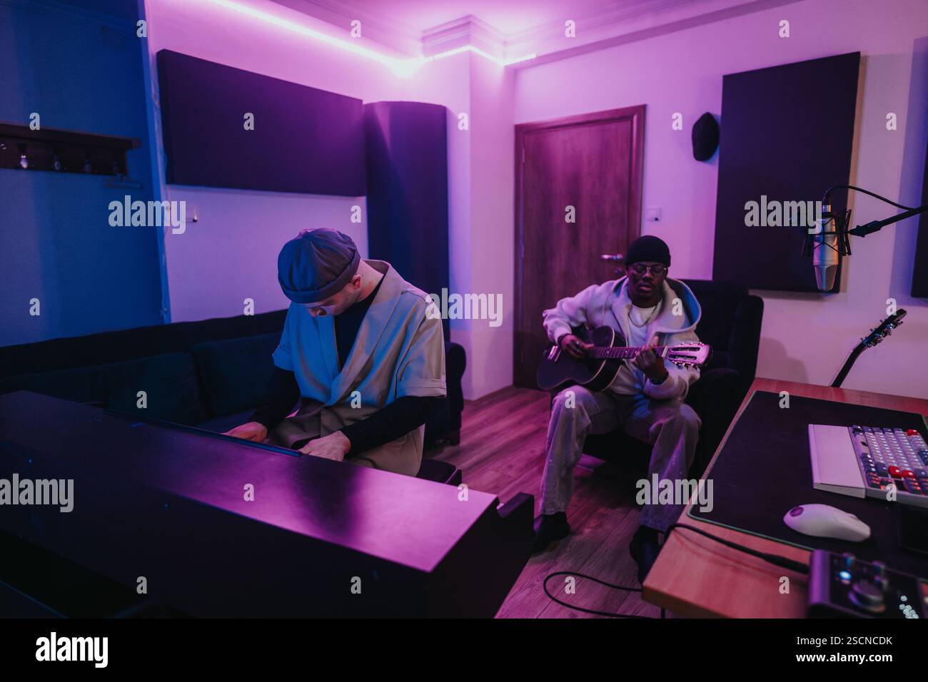 A diverse group of musicians in a recording studio, playing piano and ...
