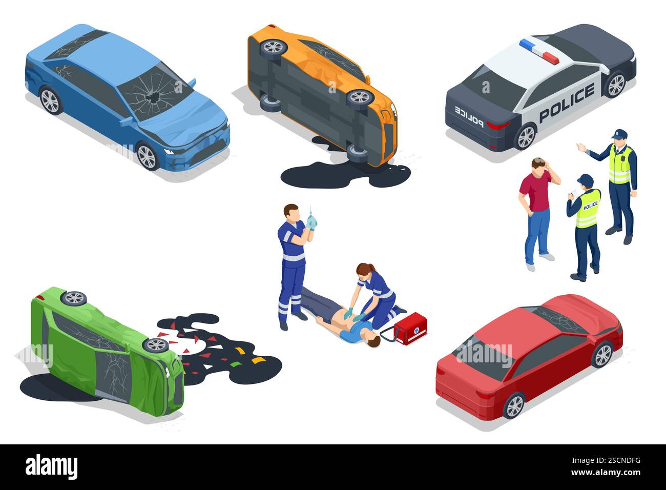 Isometric vector illustration of a car accident scene with damaged ...